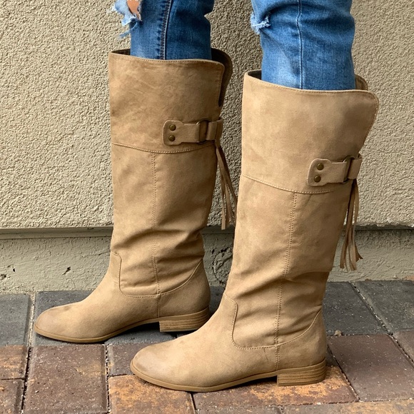 BC Footwear | Shoes | Distressed Knee High Tassel Back Flat Boots ...